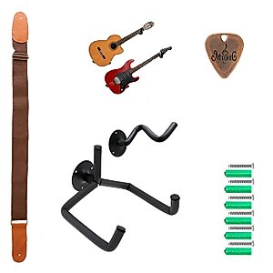 Horizontal Guitar Wall Mount with Guitar Strap and Pick, Padded Wall Hanger Hooks for Electric, Acoustic Guitars, Bass or Mandolin