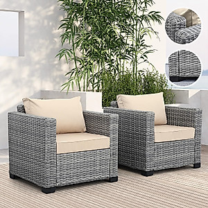 Rattaner Outdoor Furniture Club Chair Patio Single Sofa Chairs Outdoor Chairs Set of 2 Outdoor Sofa Accent Chair with Anti-Slip Cushions and Waterproof Cover, Khaki