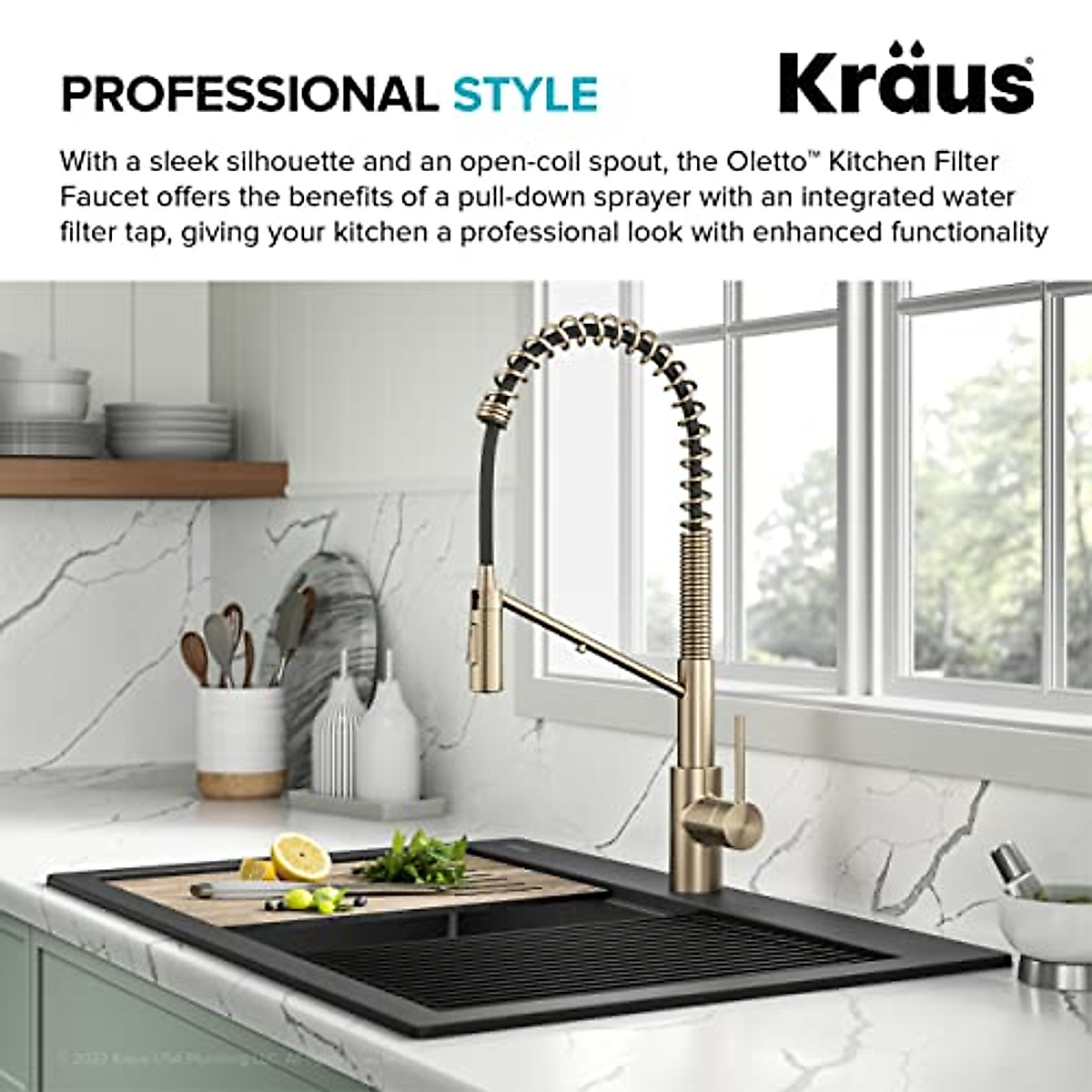 KRAUS Oletto 2-in-1 Commercial Style Pull-Down Single Handle Water Filter Kitchen Faucet for Reverse Osmosis or Water Filtration System in Spot-Free Antique Champagne Bronze, KFF-2631SFACB