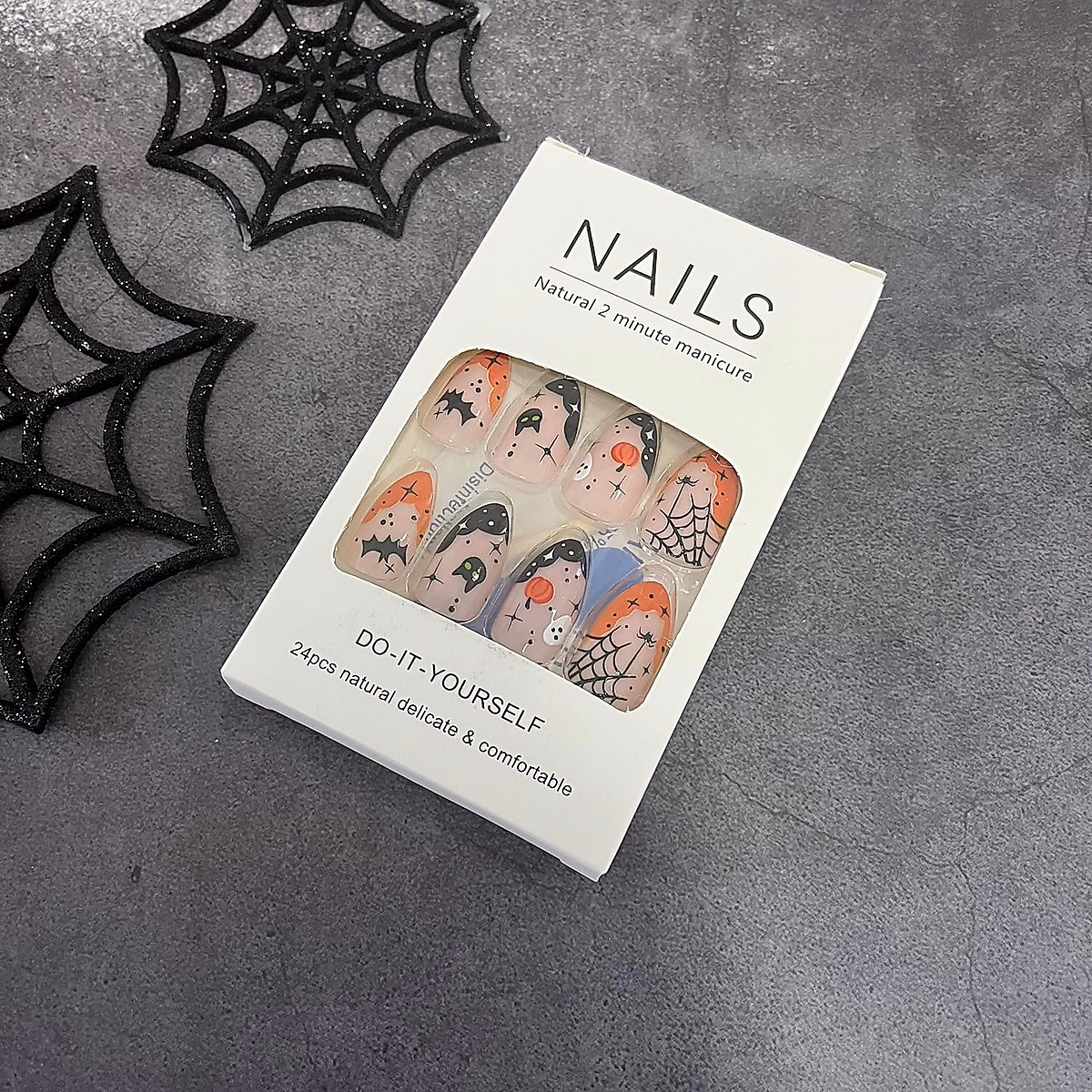 Halloween Acrylic Press on Nails Almond Shape Fake Nails Short Full Cover Glue on Nails Halloween Stick on Nails Cute Ghost Pumpkin Bat False Nails with Designs Halloween Pink&Black Manicure Art 24Pcs