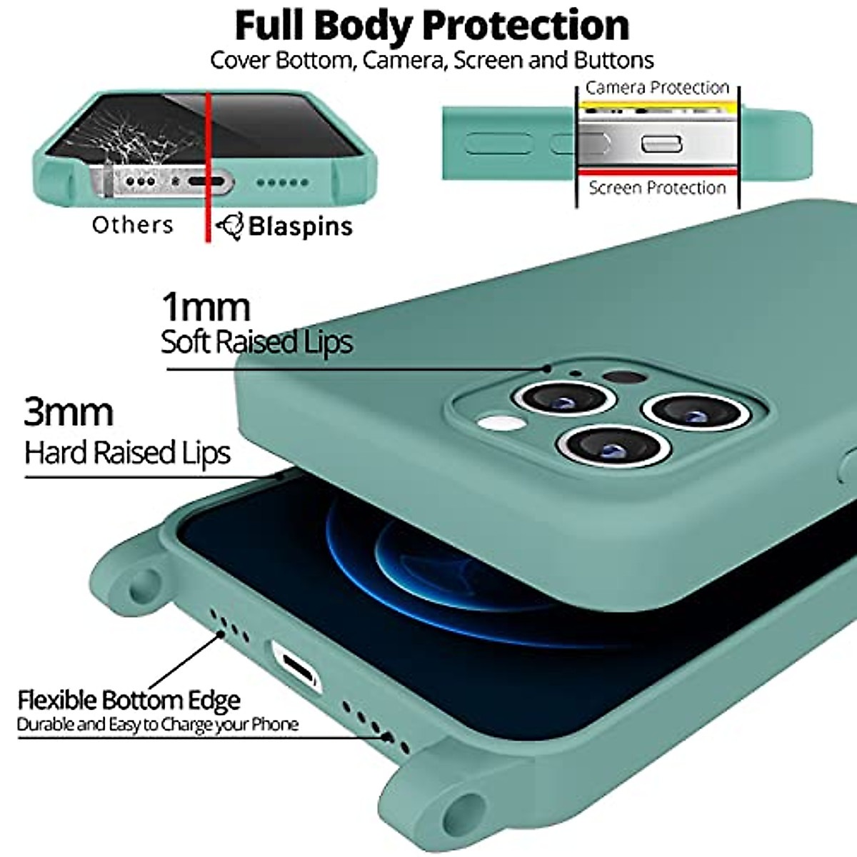 Blaspins Crossbody Strap Phone Case for iPhone 12 Mini, Adjustable Rope, Belt Neck Lanyard, String Detach Lanyard, Drop Proof Sturdy, Wrist Hands Free Protective Cover 5.4 inch 12 Mini - Pine Green