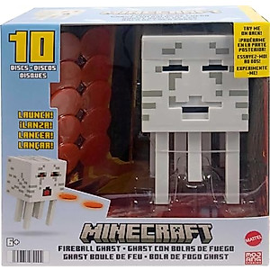 Mattel Minecraft Toys, Fireball Ghast Action Figure with 10 Shooting Discs & Changing Expression, Collectible Toy Inspired by the Video Game