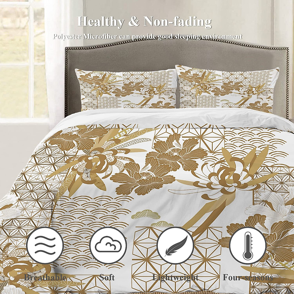 Shrahala Gold Japanese Floral Duvet Cover Set Queen Size, Spring 3 Pieces Soft Brushed 100% Cotton Duvet Covers with Button Closure, 1 Duvet Cover 90x90 inches and 2 Pillow Shams