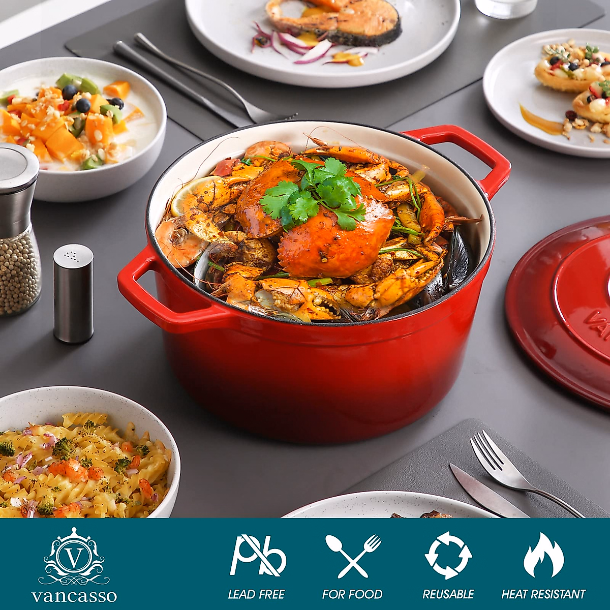 vancasso Enameled Cast Iron Dutch Oven, 7.5 QT Dutch Oven Pot with Lid,Round Enamel Dutch Oven for Bread Baking, Non Stick Enamel Coating, Pot's Body Cast Iron, Good Sealing, for All Heat Source