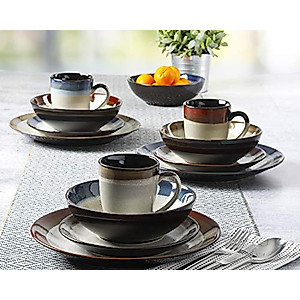 Gibson Elite Couture Bands Round Reactive Glaze Stoneware Dinnerware Set, Service for Four (16pcs), Blue and Cream