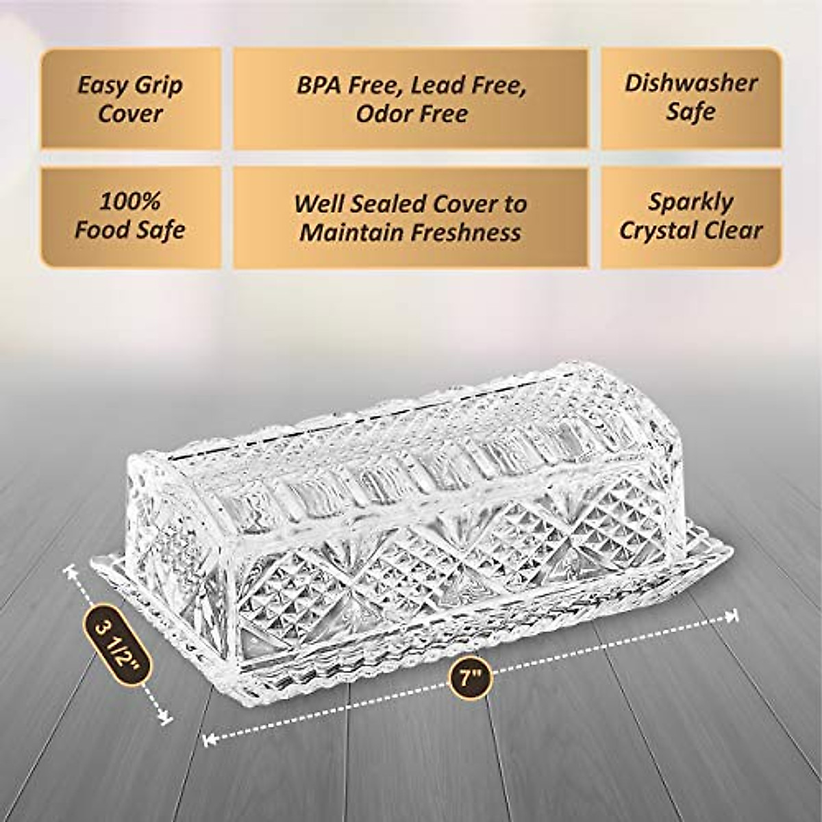 Large Deep Danish Crystal Covered Butter Dish Butter keeper Well Sealed to Keep Butter Soft Beautiful Decorative Design and Antique Look 7" x 3.75" x 2.75"