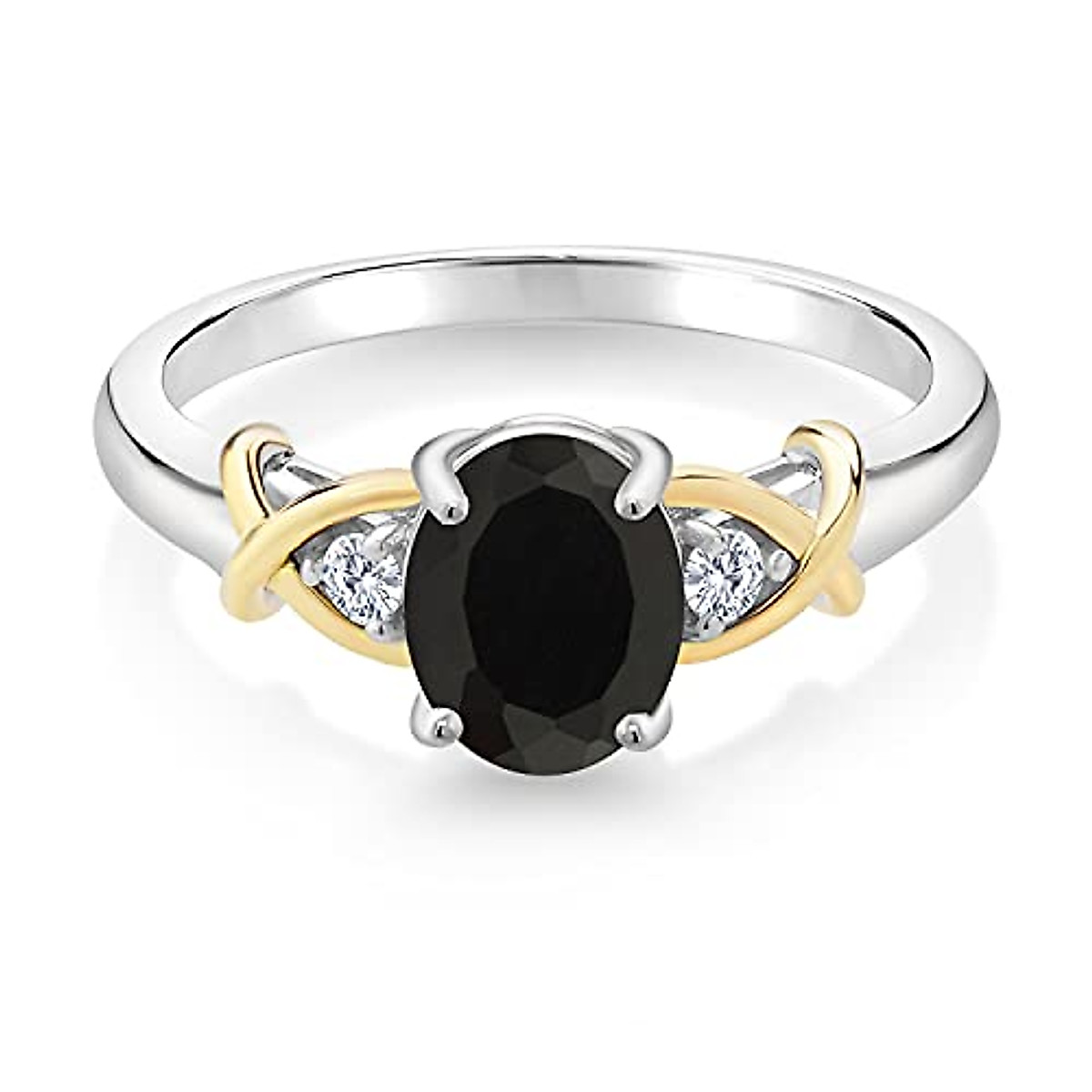 Gem Stone King 2 Tone 10K Yellow Gold and 925 Sterling Silver Black Onyx and White Lab Grown Diamond Ring For Women (1.68 Cttw, Gemstone Birthstone, Available In Size 5, 6, 7, 8, 9)