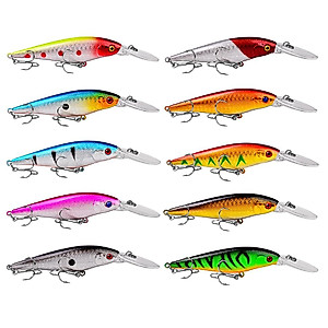 OriGlam 10 Pack Fishing Lures Hard Baits, 3D Eyes Minnow Fishing Lures Crankbait, Swimbait Fishing Tackle Lure Kit for Freshwater/Saltwater/Topwater, Bass, Trout, Walleye, Redfish