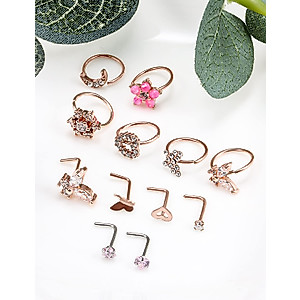 Goerhsjie 20g Nose Rings Hoops Studs Piercings Jewelry for Women Men Surgical Stainless Steel Rose Gold l Shaped Shape Bar Stuf 20 Gauge Hypoallergenic Butterfly Nostril Aretes para La Nariz