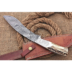HUNTEX Handmade Hand-Forged Twist Pattern Damascus Steel 14 Inch Long Full Tang Deer Antler Handle Razor Sharp Hunting Camping Bowie Knife w/Genuine Leather Sheath