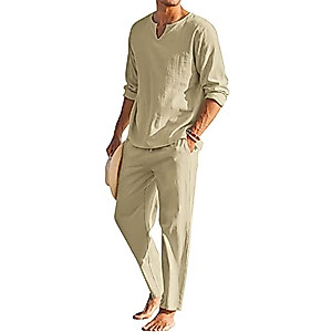 COOFANDY Men's 2 Pieces Cotton Linen Set Henley Shirt Long Sleeve and Casual Beach Pants Summer Yoga Outfits