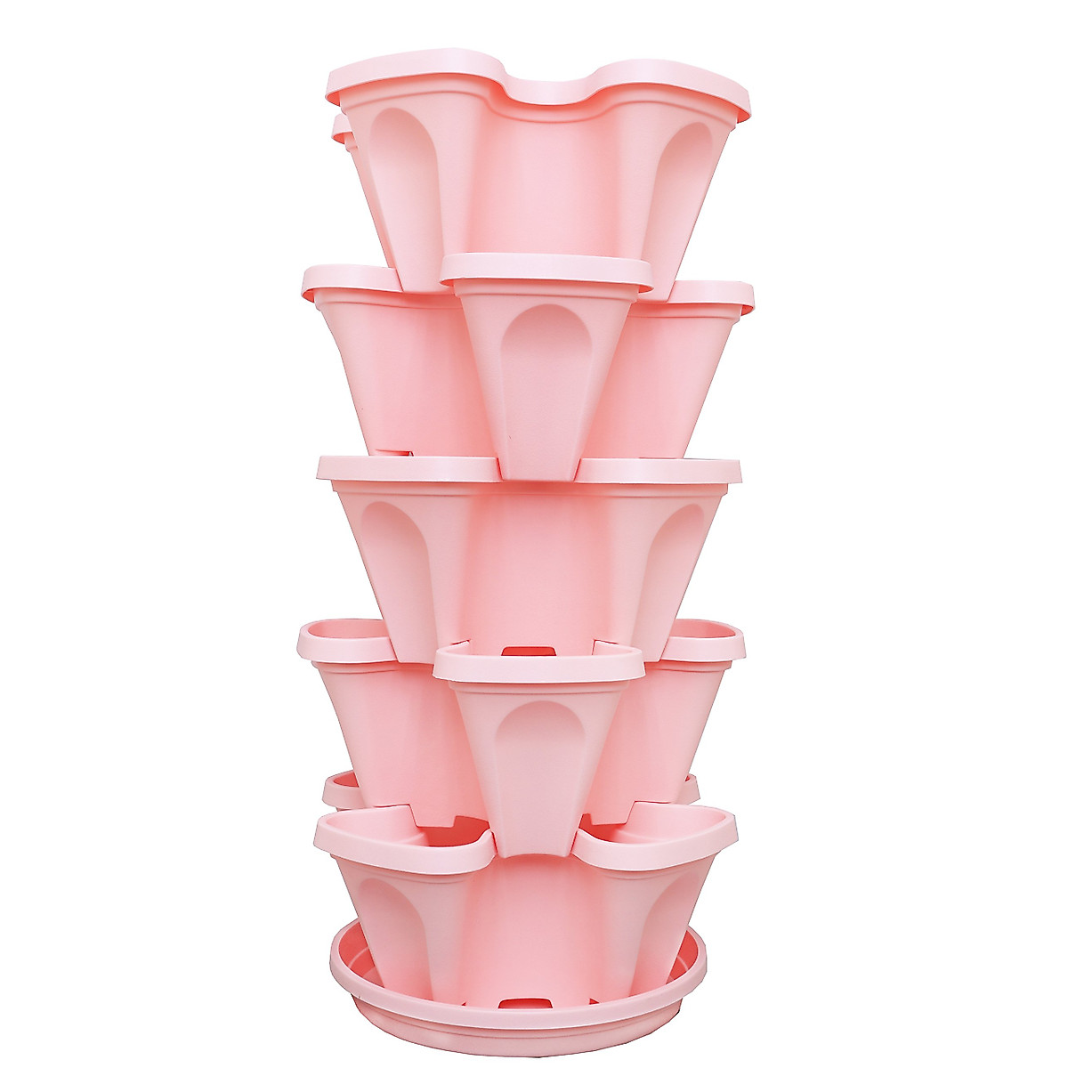 5-Tier Pink Strawberry and Herb Garden Planter - Stackable Gardening Pots with 10 Inch Saucer