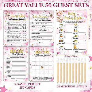 Patelai 321 Pcs Baby Shower Games Supplies, 5 Sets (50 Cards Each) Activities Cards with 20 Pencils 1 Don't Say Baby Sign 50 Clothespin(Pink Bear)
