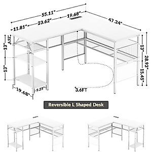 Unikito Magic Portable 4 Outlets L Shaped Desk, Reversible 55 Inch L-Shaped Computer Desk with Storage Shelf and USB Charging Port, Unique Grid Design, Large Gaming Corner Table for Home Office, White
