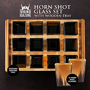 Viking Culture Horn Shot Glasses - Authentic Medieval and Nordic-Inspired Drinkware with Wooden Serving and Storage Tray - Handmade Drinking Set - Perfect for Parties, Collection and Gift
