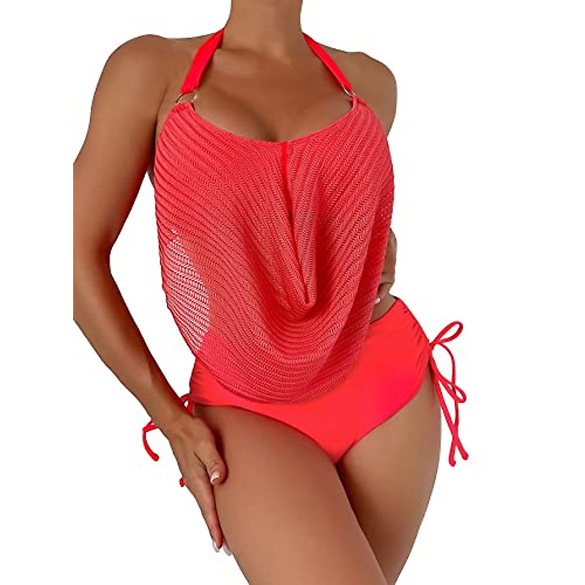 MakeMeChic Women's 2 Piece Bathing Suits Ring Linked Drape Drawstring High Waisted Tankini Swimsuit Watermelon Pink S