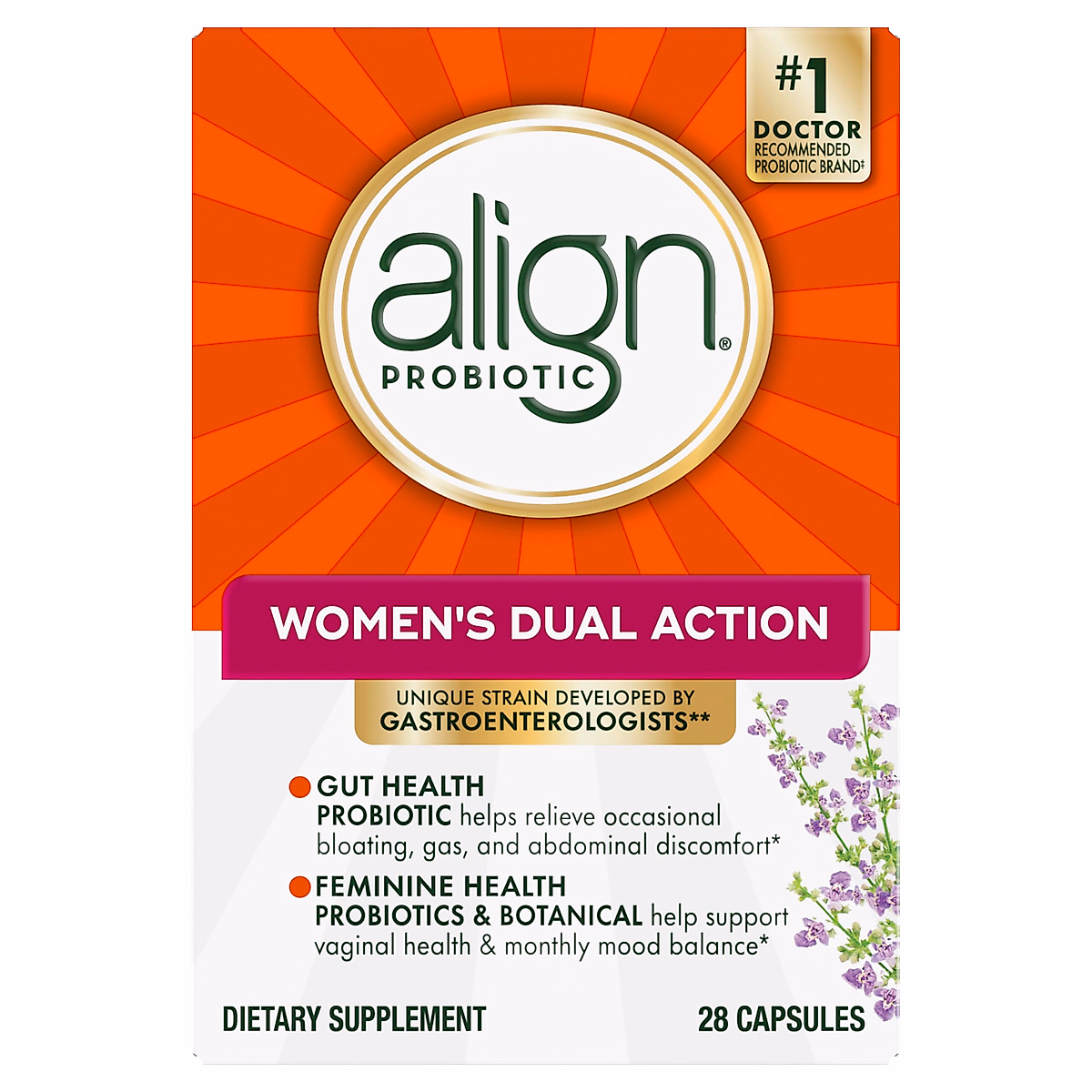 Align Probiotic, Women's Dual Action, Probiotics for Women, Multi-Strain Probiotic with Chaste Tree, Supports Feminine Health, Soothes Occasional Abdominal Discomfort, 28 Capsules (Packaging May Vary)