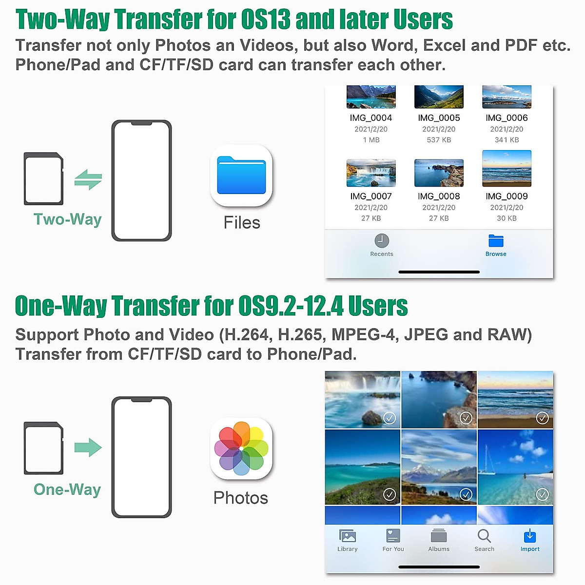 DenicMic SD CF Card Reader Compatible with iPhone/iPad SD CF TF Memory Card Reader Adapter Digital Trail Game Camera Accessories No Need App