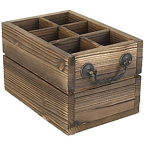 MyGift Rustic Burnt Wood Flatware Holder and Utensil Caddy Storage Carrier with 6 Slots and Vintage Metal Side Handles
