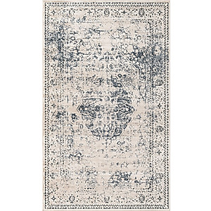 Unique Loom Chateau Collection High-Low Pile, Vintage, Traditional, Distressed, Medallion Area Rug (5' 0 x 8' 0 Rectangular, Beige/Navy Blue)