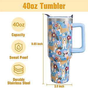 owbgsdh Basset Hound Gifts for Women Dog Lovers 40 oz Floral Basset Hound Tumblers with Handle and Straw, Stainless Steel Vacuum Insulated Travel Coffee Mug Cup Water Bottle