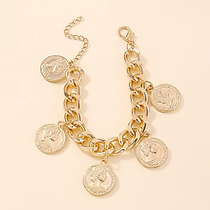 Jumwrit Chunky Chain Bracelet Punk Cuban Curb Link Chain Bracelet Statement Gold Coin Bracelet for Women