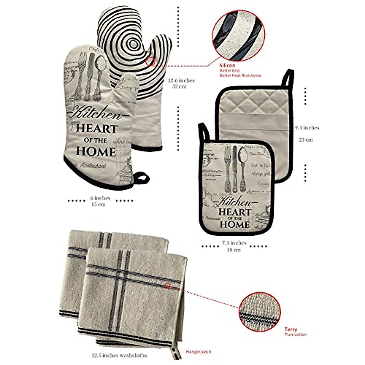 GREVY Cotton Oven Mitts with Silicone Grip Pot Holder Terry Washcloths Basic Kitchen Line Set(6 Pack)