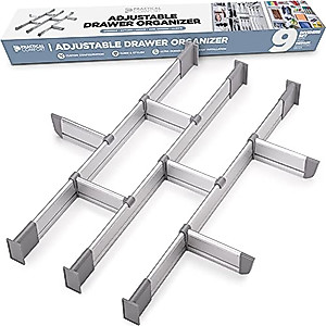 Practical Comfort Drawer Dividers, 9 pcs adjustable drawer dividers set, Made from high strength aluminum, 3 Main expandable drawer divider expand From 17.5" to 19.7" + 6 Sliding Separators 3.8"
