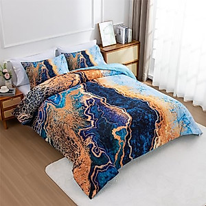 A Nice Night Marble Like Burning Mountain Printed Bedding Set,Retro Style Watercolor Artwork Design,Ultra Soft Comforter Set (Blue, Twin(68-by-88-inches))