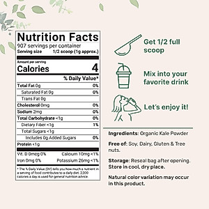 Sustainably US Grown, Organic Kale Powder, 2 Pounds | Fresh Freeze Dried Source | Nutrient-Dense Greens Superfood | Kale Tea and Green Drink Mix | 907 Servings, No GMOs, Vegan Friendly