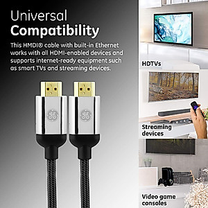 GE 4K HDMI Cable, 6 ft. Premium HDMI 2.0 High Speed 18 Gbps with Ethernet, 4K 60Hz, 1440p 1080p 120Hz, HDR, for HDTV, Streaming, Blu-ray, Gaming, PS4 Pro PS5 Xbox, 33512