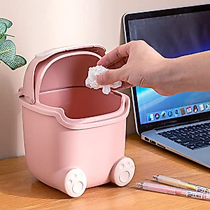 Mini Trash Can, Cute Cartoon Mini Wastebasket Trash Can with Swing Lid Reusable Plastic Small Wastebasket Tiny Desktop Waste Garbage Bin(Pink)
