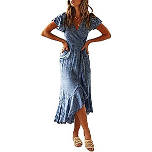 ZESICA Women's 2023 Bohemian Floral Printed Wrap V Neck Short Sleeve Split Beach Party Maxi Dress,Light BlueFloral,Small