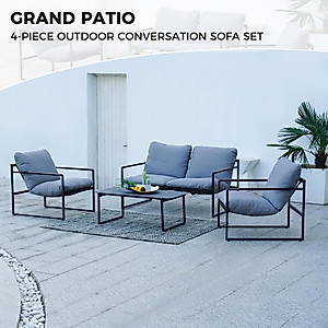 Grand patio 4-Piece Patio Furniture Set, Outdoor Patio Conversation Sofa Set with Cushion, Modern Metal Couch Loveseat Chairs and Coffee Table for Porch Deck Garden Balcony Backyard Living Room