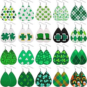 20 Pairs St. Patrick's Day Earrings Shamrock Dangle Earring Faux Leather Clover Drop Earrings Green Teardrop Earrings for Women Gift