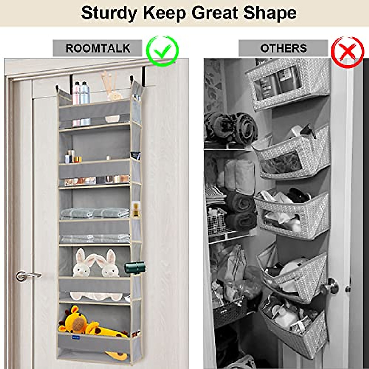 roomtalk Over The Door Hanging Organizer 5-Shelves for Bathroom, Door Organizer Hanging with 2 Large Metal Hooks & 10 Pockets, Over The Door Storage for Baby Nursery, Grey