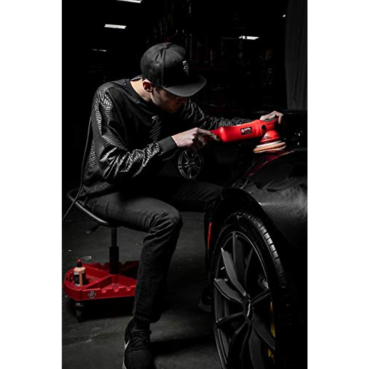 Adam's Polishes Pro Rolling Stool, Car Detailing Stool Chair, Shop Stool with Wheels, Garage Organizer & Tool Organizer Tray, Adjustable Height for Car Cleaning Buffer Polisher Ceramic Coating Car Wax