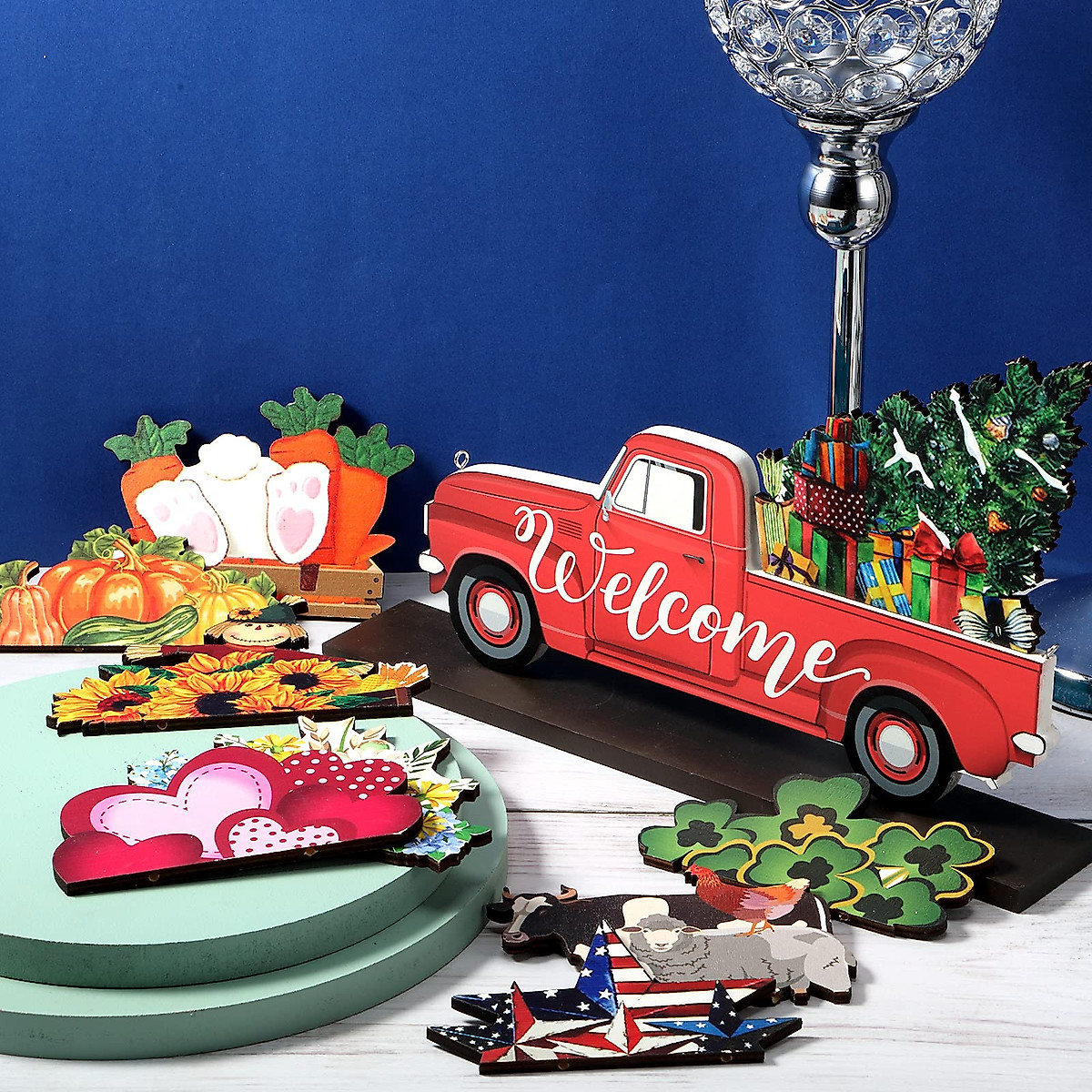 Christmas Interchangeable Garden Truck Stake Set with Seasonal Sign Loads Welcome Sign Festival Welcome Sign with 10 Seasonal Ornament for Holiday Spring Fall Summer Easter Home Decorations