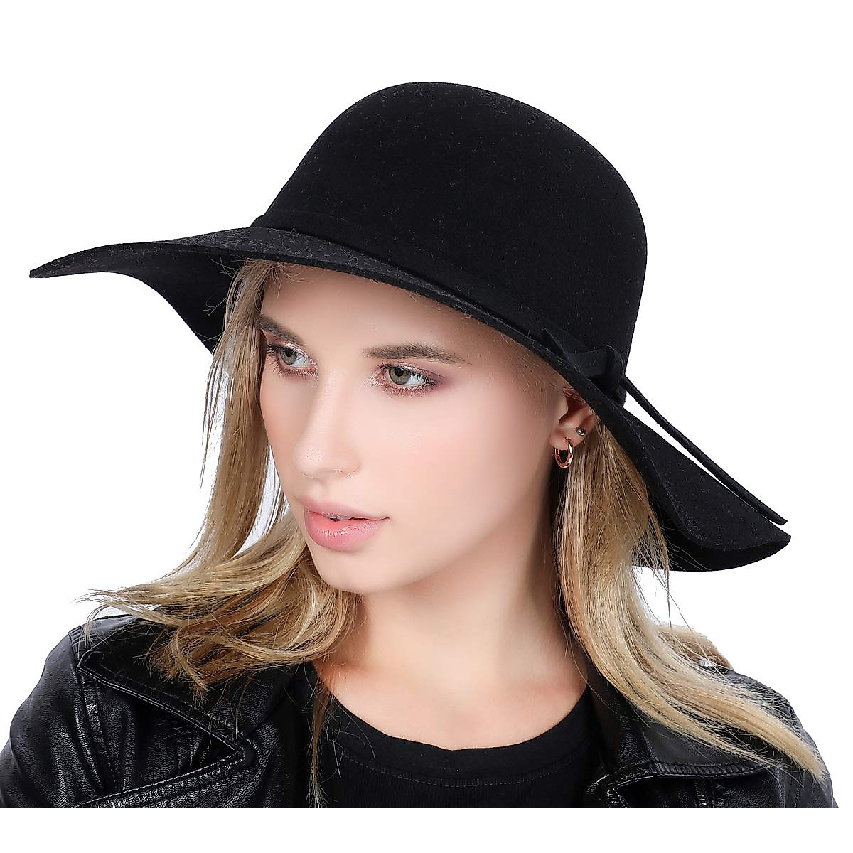 Lanzom Women Lady Retro Wide Brim Large Floppy Panama Hat Belt Wool Fedora Hat (Black 2, One Size)