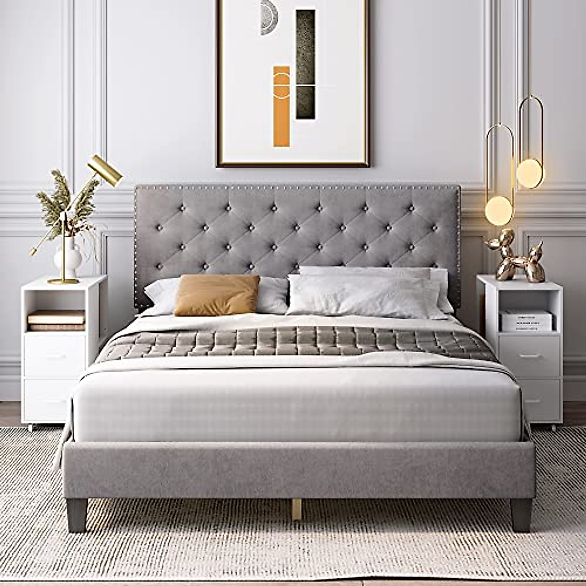 Queen Bed Frame, Upholstered Platform Bed Frame with Adjustable Headboard, Button Tufted Mattress Foundation with Sturdy Wood Slat Support, No Box Spring Required, Easy Assembly (Grey, Queen)