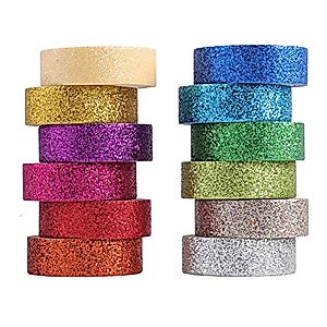 DIY Glitter Washi Tape Set - 12 Rolls Colored Masking Tape, Sparkle Decorative Tape for Art, Scrapbook Tape,Decor & Crafts (Dark)