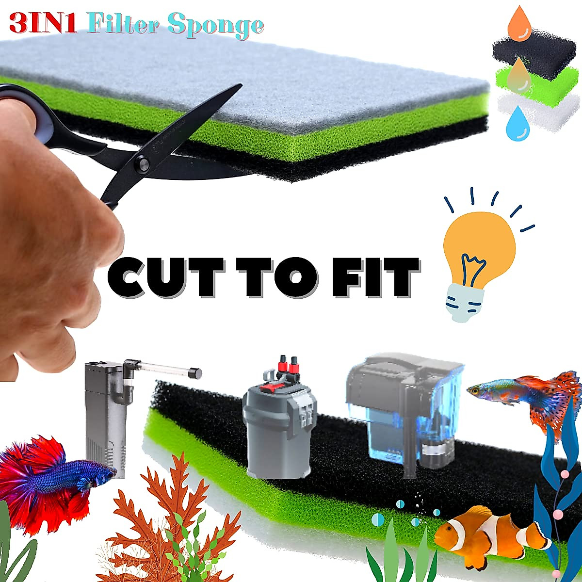 CORISRX 3IN1 Aquarium Filter Sponge Foam Pads - Filter Media for 20 Gallon Betta Fish Tank Supplies, Brine Shrimp Coarse Sponge Bio Filter Sheet - Filter Sponge Accessories (3IN1 Filter Sponge)