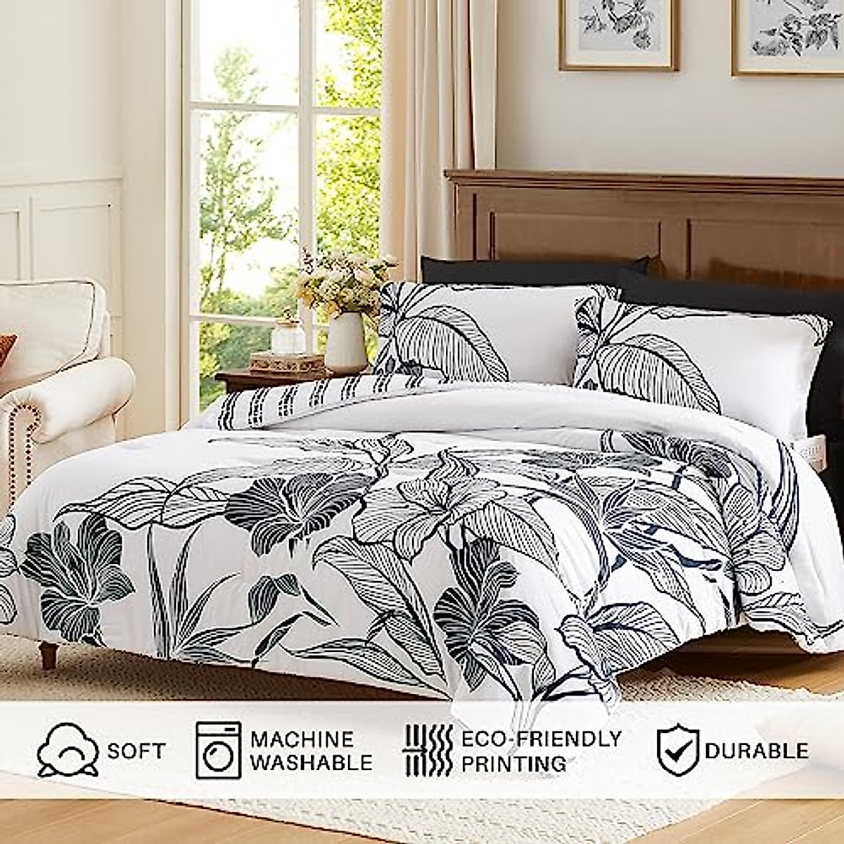 WRENSONGE Queen Comforter Set, 7 Pieces Black and White Floral Comforter Set with Sheets for Queen Size Bed, Flower Pattern Queen Bedding Set, Soft Lightweight Breathable Bed in a Bag for All Seasons