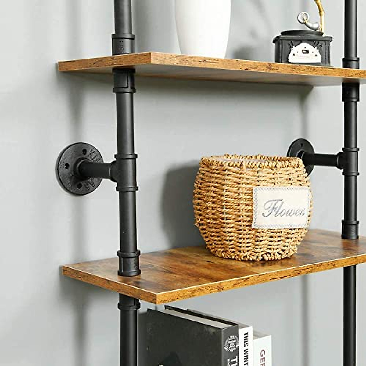 ZIOTHUM 6-Tier Industrial Pipe Shelves Shelf Shelving Rustic Wood Metal Wrought Iron Ladder Bookcase Bookshelf Wall Mounted Mount DIY Loft Vintage Floating Hanging Storage Display (23.6x9.8x78.7”)