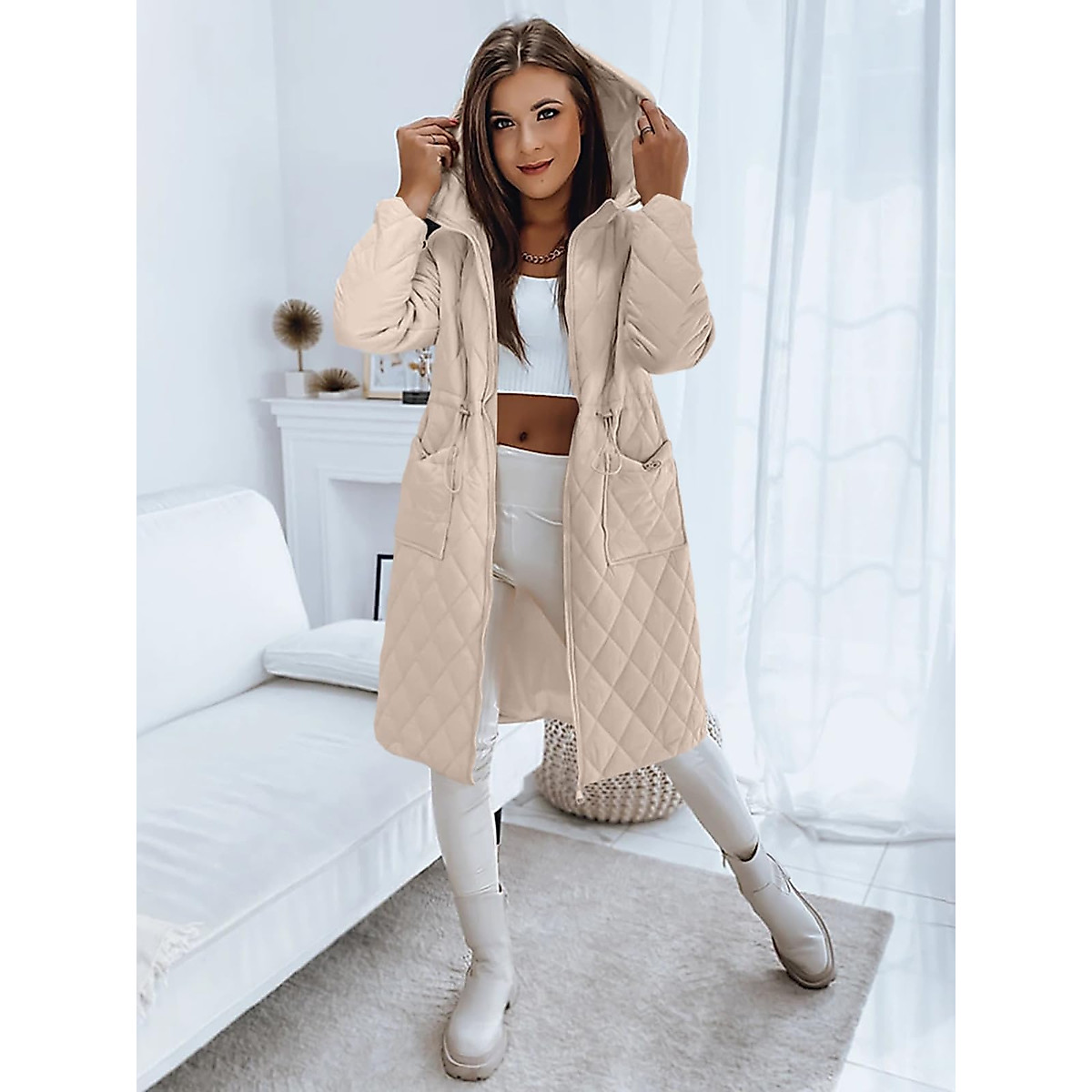 Imily Bela Womens Long Quilted Jackets Zip Up Hooded Drawstring Waist Coats with Pockets