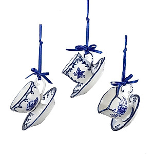 Kurt Adler J0651 2" Porcelain Delft Blue Cup And Saucer Ornament Set Of 3