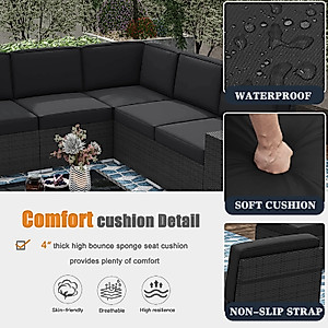 KHOLH 7 Pieces Patio Furniture Conversation Sofa Set with 44" Propane Gas Fire Pit Table, Outdoor Sectional Rattan Wicker Sofa Set