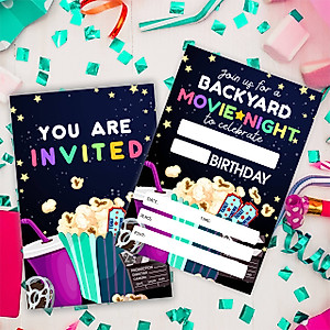 Backyard Movie Night Birthday Invitations, Outdoor Movie Birthday Party Invites Decorations, Kids Adults Birthday Party and Events Supplies, 20 Fill-in Invites Cards with Matching Envelopes（YQK-027）