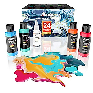 ABEIER Acrylic Pouring Paint, 2oz Bottles, Set of 24 Assorted Colors and Silicone Oil(1oz), Pre-Mixed, High Flow, Paint for Pouring on Canvas, Glass, Paper, Wood, Tile, Stones and More