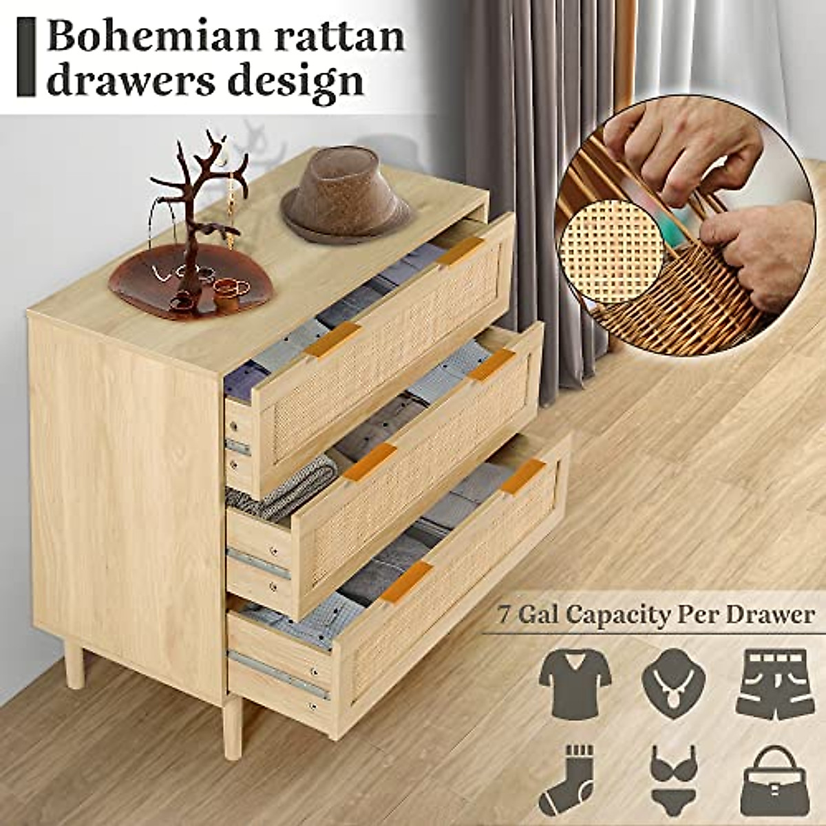 HOPUBUY 3 Drawer Dresser for Bedroom, Rattan Modern Closet Dressers Chest of Drawers, Wood Oak Storage Chest for Kids Bedroom, Hallway, Living Room